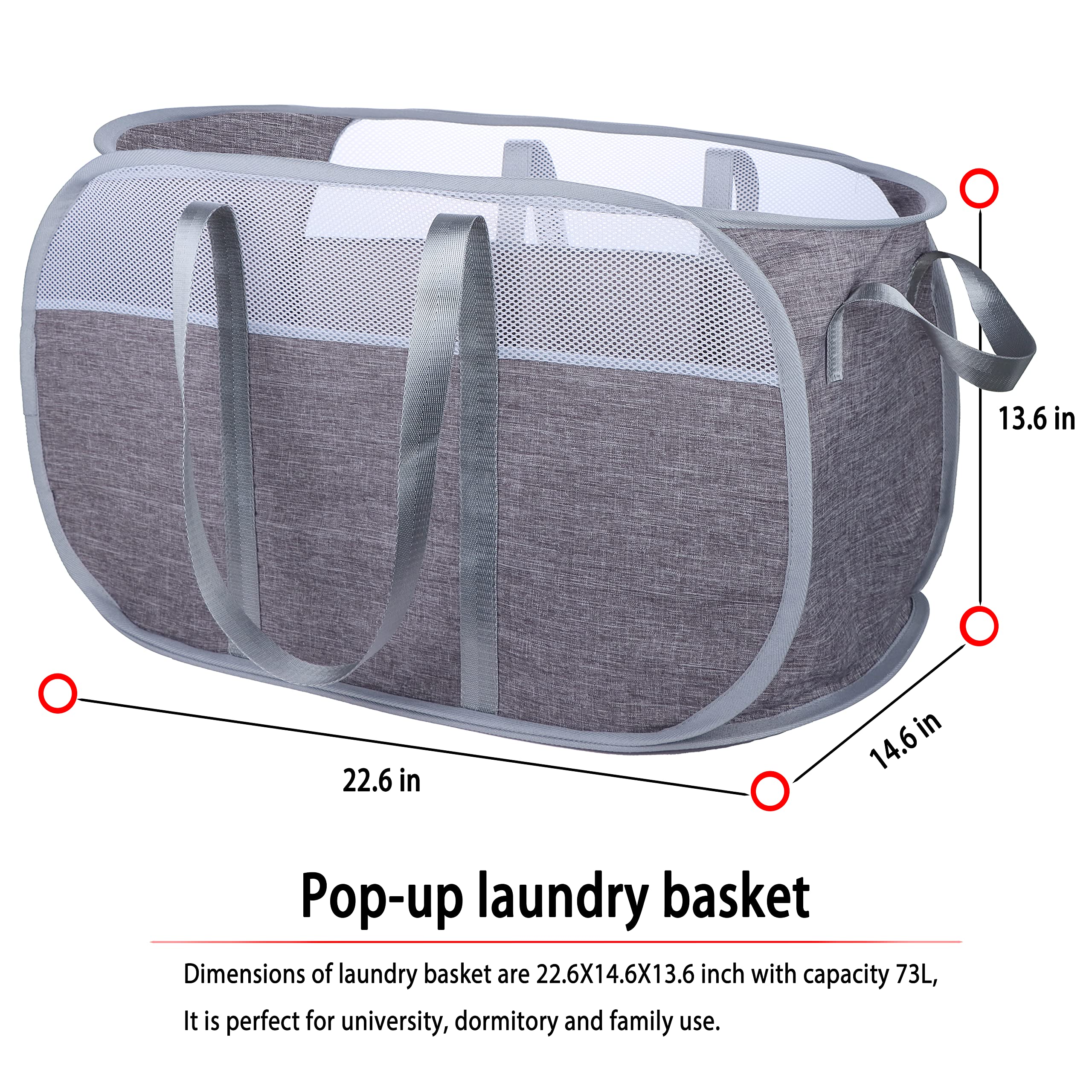 Pop Up Laundry Hamper，with Durable Handles collapsible laundry basket，Easy to Open and Fold for college Dorm,kids room，travel (Gray)…