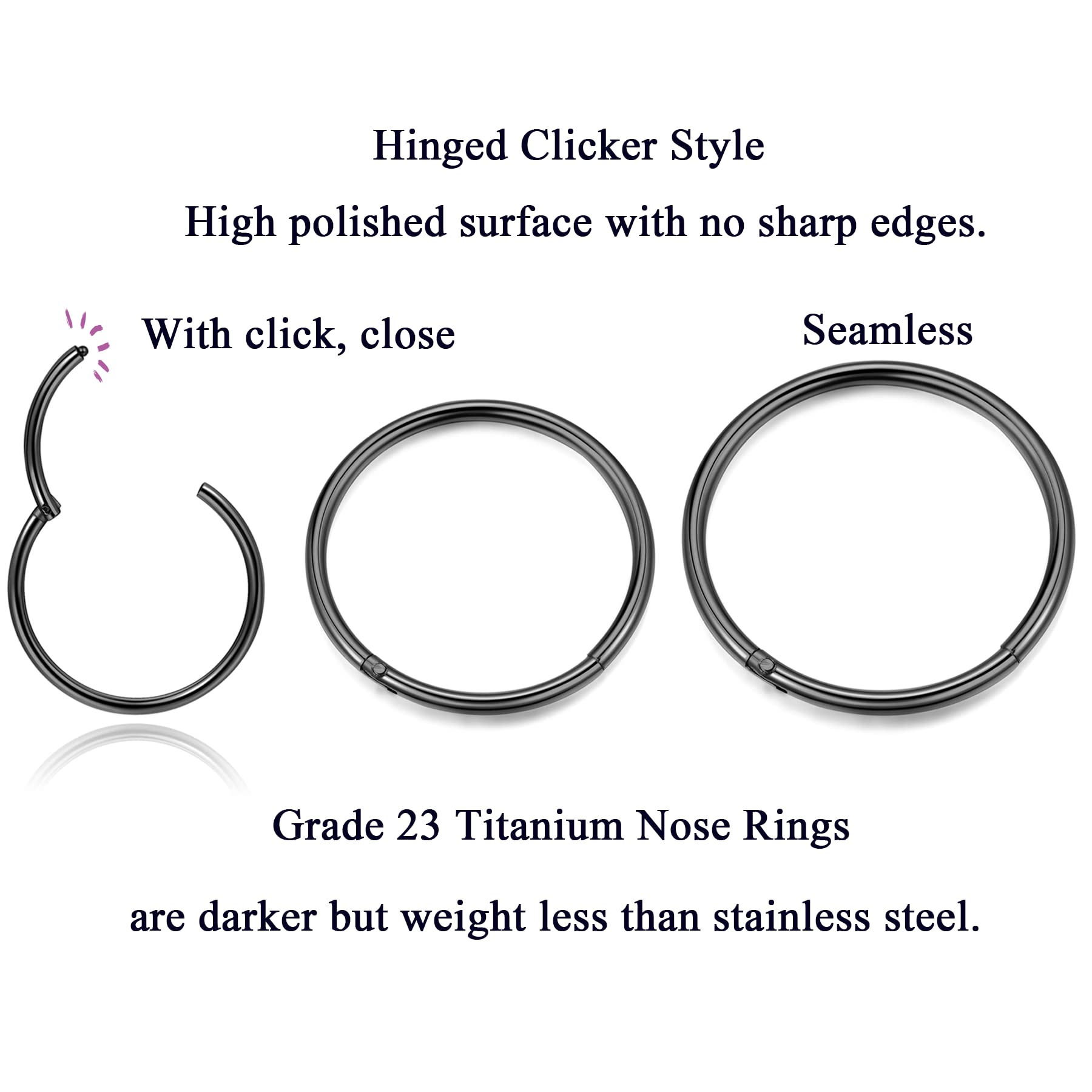 3Pcs 20g Nose Rings Set G23 Titanium Septum Rings Hinged Clicker Conch Cartlidge Earrings Hoop 6mm 8mm 10mm