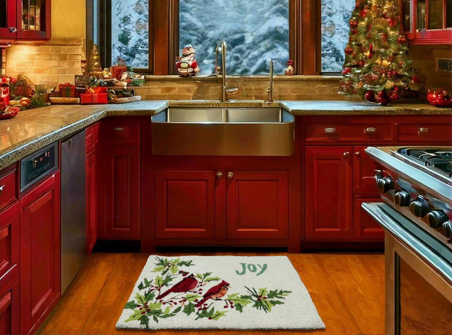 EZ.enjoy Winter Cardinal on Branch Holly Berries Joy Hand-Hooked Accent Rug 28.5 X 17 Inches for Holiday Christmas Home Decor