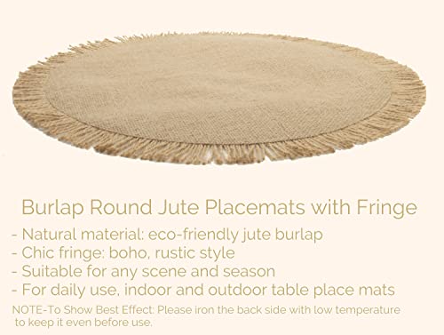 ANQLRMD Burlap Round Placemats Set of 6 Fall Table Decor, Boho Natural Jute with Fringe Table Mats for Dining Table, Rustic Farmhouse Table Circle Placemats Dia 15", Indoor& Outdoor Eco-Friendly