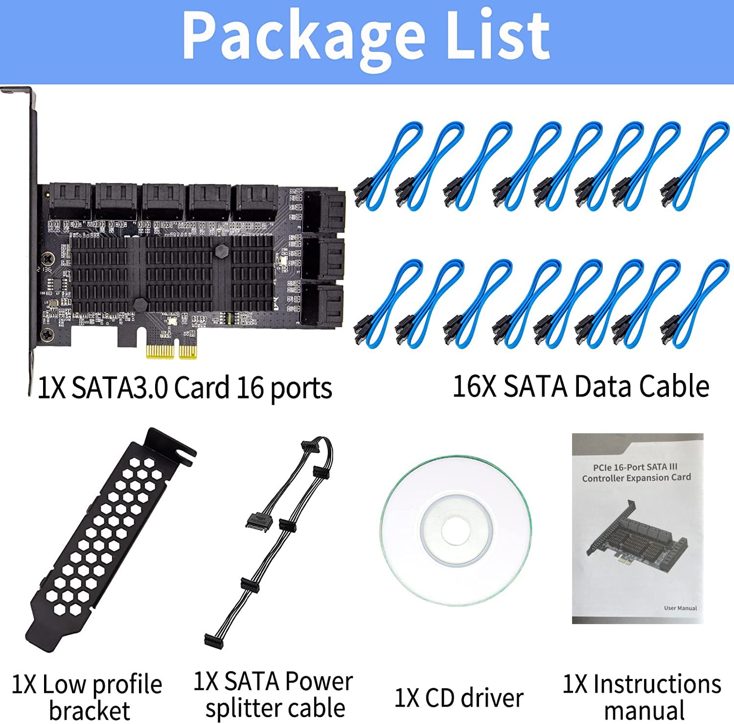 ACTIMED PCIE SATA Card 16 Port with 16 SATA Cable, 6 Gbps SATA 3.0 Controller PCI Express Expansion Card with Low Profile Bracket, Support 16 SATA 3.0 Devices, Compatible with Windows,MAC,Linux System