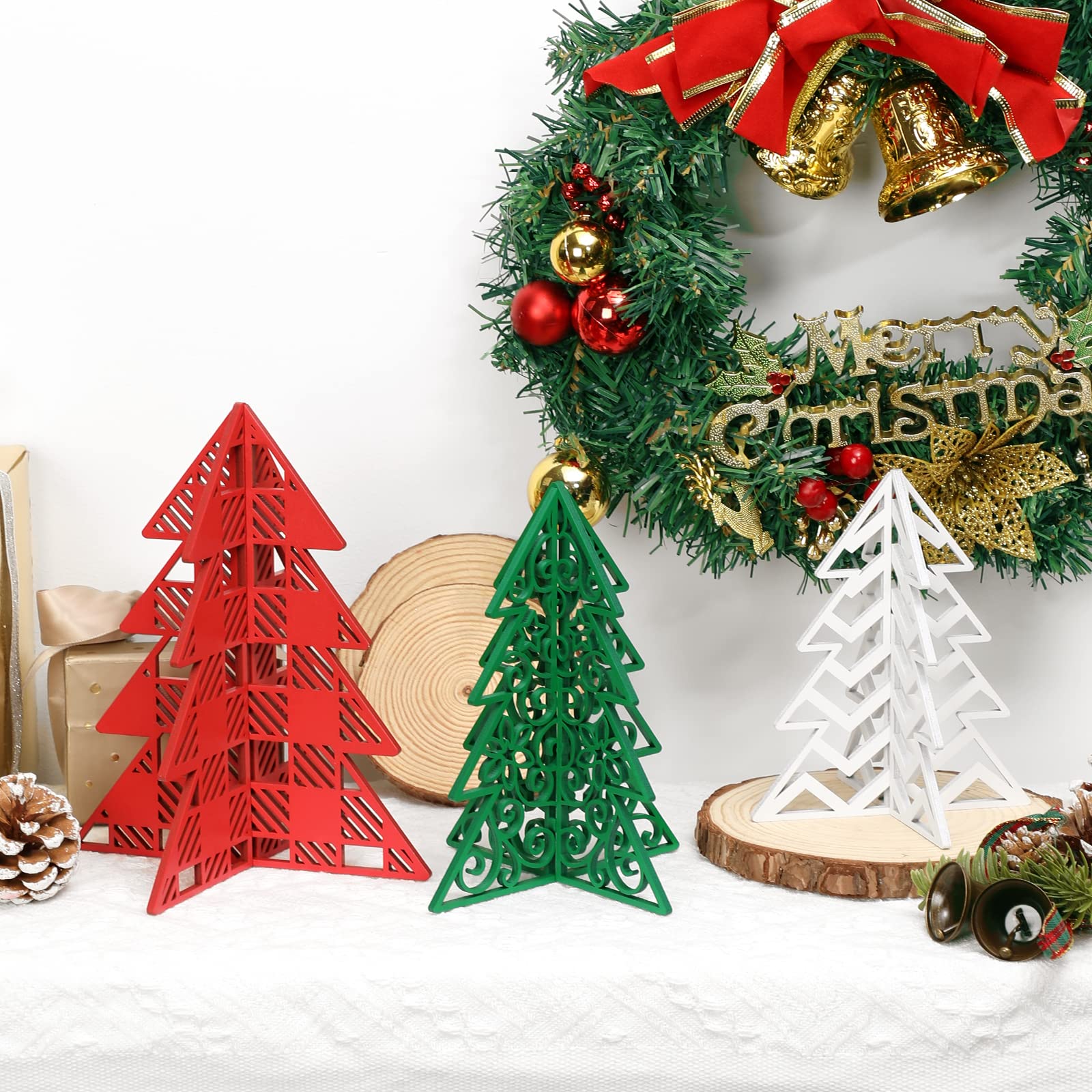 3pcs Tabletop Christmas Tree Wooden Christmas Tree Xmas Decor Standing 3D Christmas Trees Merry Christmas Sign Decoration Tree for Table Mantel Shelf Tiered Tray Holiday Home Decor