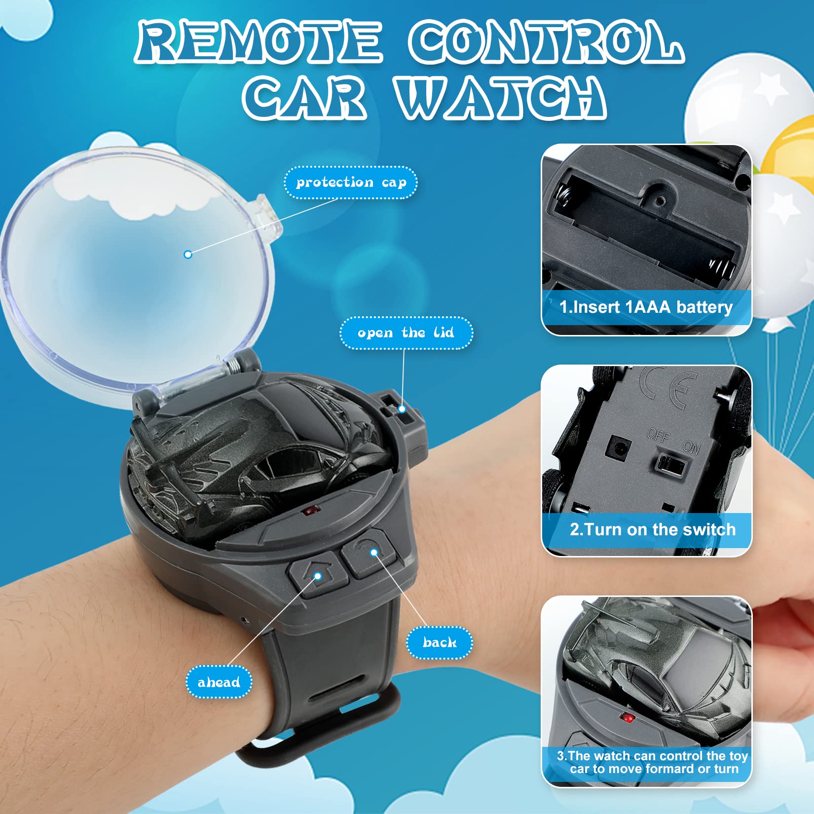 2PCS Mini Remote Control Car Toy, 2.4 GHz Watch Wrist Hand Controlled Racing Car with USB Charging, RC Toys for Boys and Girls (Grey + Blue)