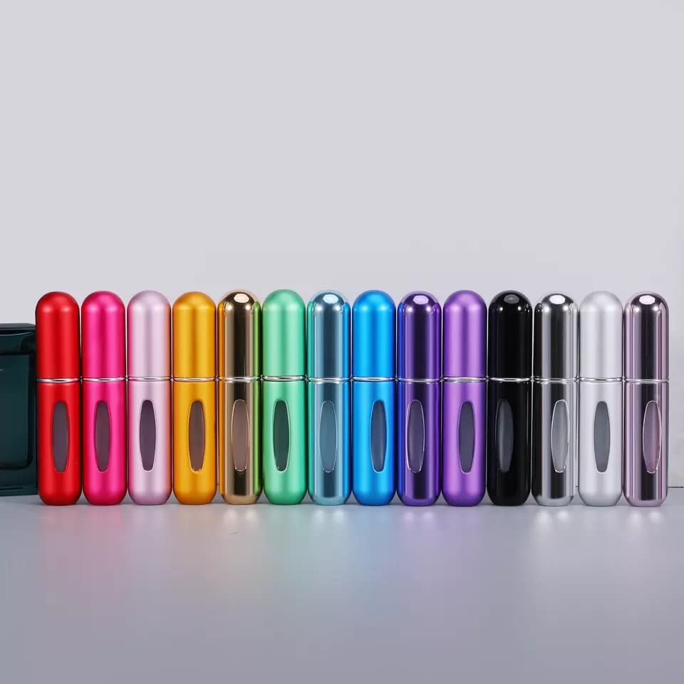 5 Pieces Portable 5ml Refillable Mini Perfume Atomiser Bottles, Easy to Fill-Underfill Empty Small Perfume Spray Atomizer multicolor. (Rainbow: Red, Rose Red, Bright Gold, Green, Bright Blue)