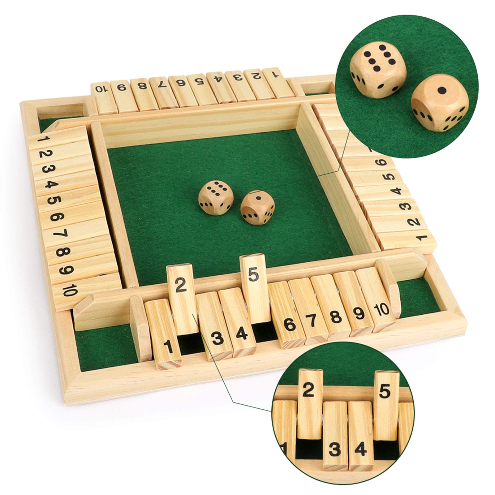 Aomola Shut The Box Dice Game Wooden Board Game for Kids Adults 8 Dice 4 Side 8.66 Inch Travel Game for 2 to 4 Players