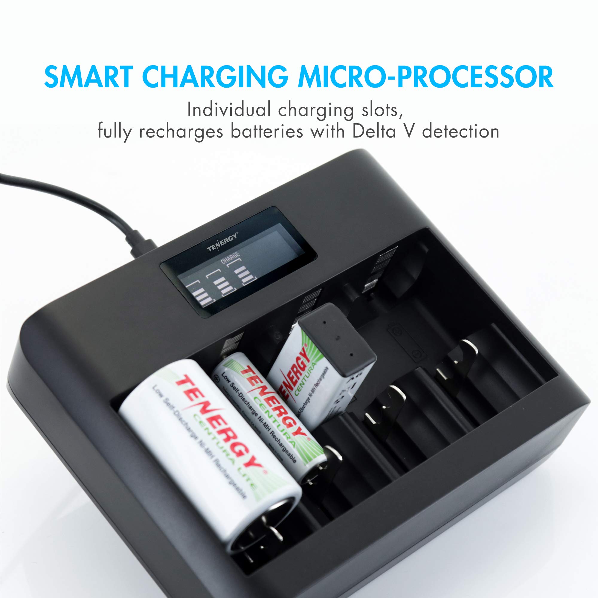 Tenergy TN486U 5-Bay Universal Battery Charger with LCD, Micro USB/Type C Input, for AA, AAA, C, D, and 9V Rechargeable Batteries