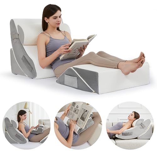 6pc Orthopedic Bed Wedge Pillow Set, Wedge Pillows Post Surgery, Foam Pillows for Back, Neck and Leg Pain Relief, Adjustable Wedge Pillow for Sleeping-Acid Reflux, Anti Snoring, Heartburn & GERD