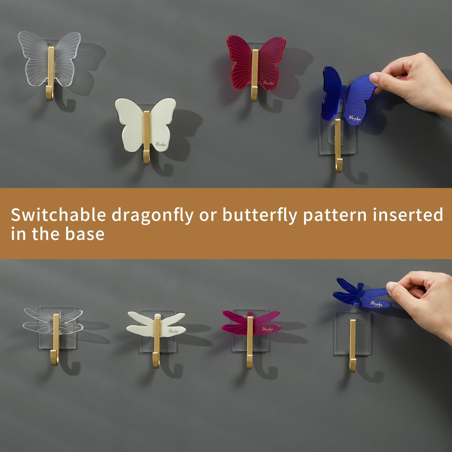 S.T.D Adhesive Hooks,Waterproof Rustproof 4 Colors Acrylic (Frosted) for Hanging Clothes, Towel, Hat, Bags, Key, Coat, Miscellaneous, Hook - Creative Butterfly May at Any Time Change Places(4Pack)