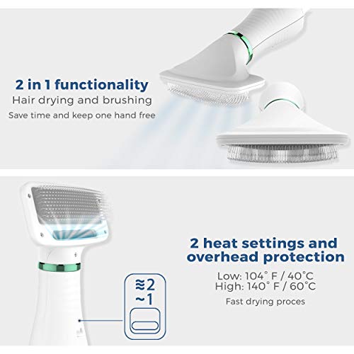 KUUBIA Pet Hair Dryer | Portable and Quiet 2 in 1 Pet Grooming Hair Dryer Blower with Replaceable Slicker Brush | Adjustable Temperature | for Small and Medium Dogs and Cats