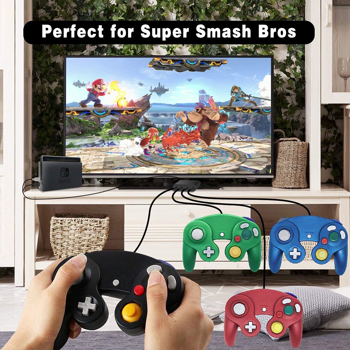 4 Controllers for Gamecube with 4 Extension Cables and 4-Port USB Adapter for Switch PC Wii U Console (Black+Blue+Red+Green)