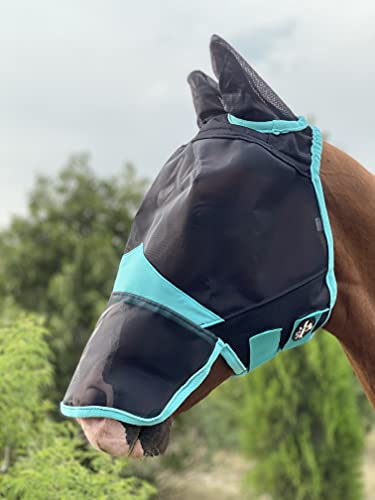 TGW RIDING Horse Mask Full Face Mesh Mask Fine Mesh with Ears and Long Nose (Cob, Black/Turquoise)