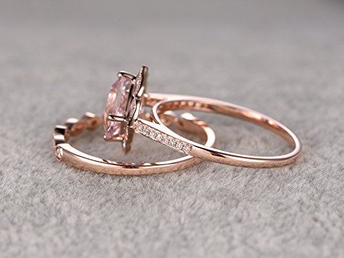 2pcs Morganite Bridal Ring Set,Engagement Ring Rose Gold,Diamond Wedding Band,14k,7mm Cushion Cut,Promise Ring,Retro Vintage Floral,Art Deco