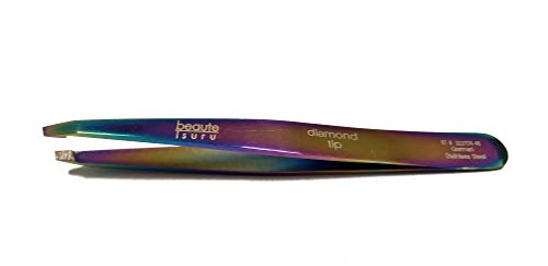 Professional Diamond Tip Eyebrow Tweezers (Rainbow Titanium Finish Slant Tip Tweezer BT2227DR 4.0)