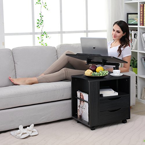 Emall Life Upgraded Multifunctional Height Adjustable Overbed End Table Wooden Nightstand with Swivel Top, Storage Drawers, Wheels and Open Shelf, 3 Colors (Black Walnut)