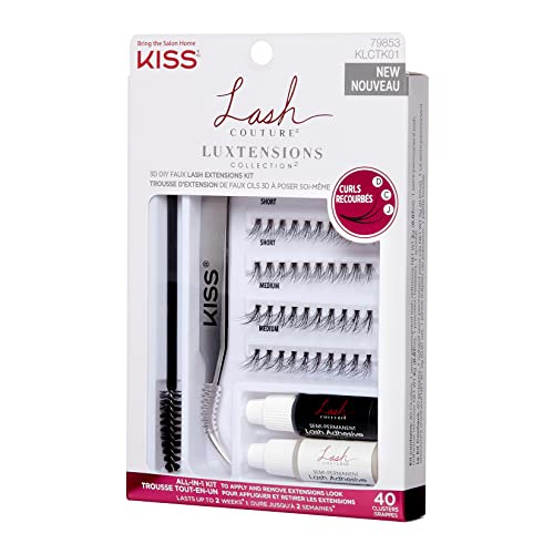 KISS Lash Couture Luxtension False Eyelashes, 'Lash Extension Kit', 12 mm, Includes 40 Wisps, Tweezers, Spoolie, Semi-Permanent Lash Adhesive And Remover, Contact Lens Friendly, Easy to Apply, Reusable Strip Lashes