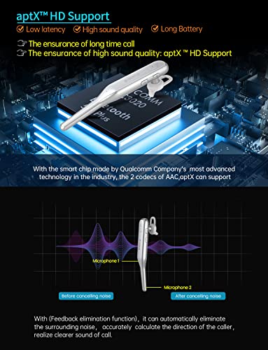 Glazata Wireless Headset with Dual MIC Noise Cancelling, apt-X & apt-X HD for Driving, Office, Business, Compatible with Cell Phone and PC - 「Silver」