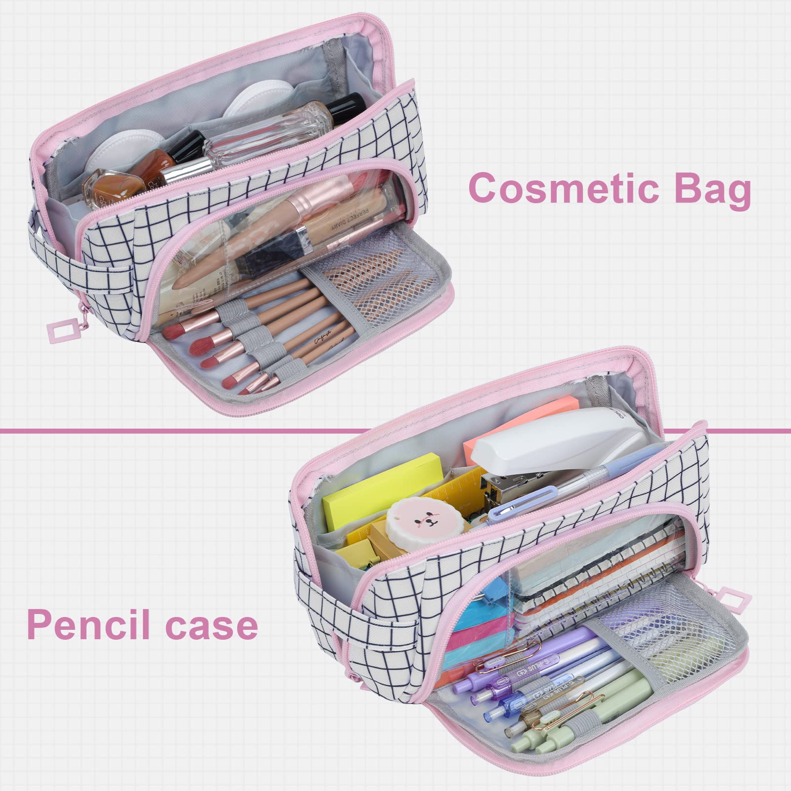 EOOUT Pencil Case Pouch, Big Capacity Pen Bag, Large Organized Cute Pen Case for School Stationery and Travel Cosmetics Storage (Plaid White)