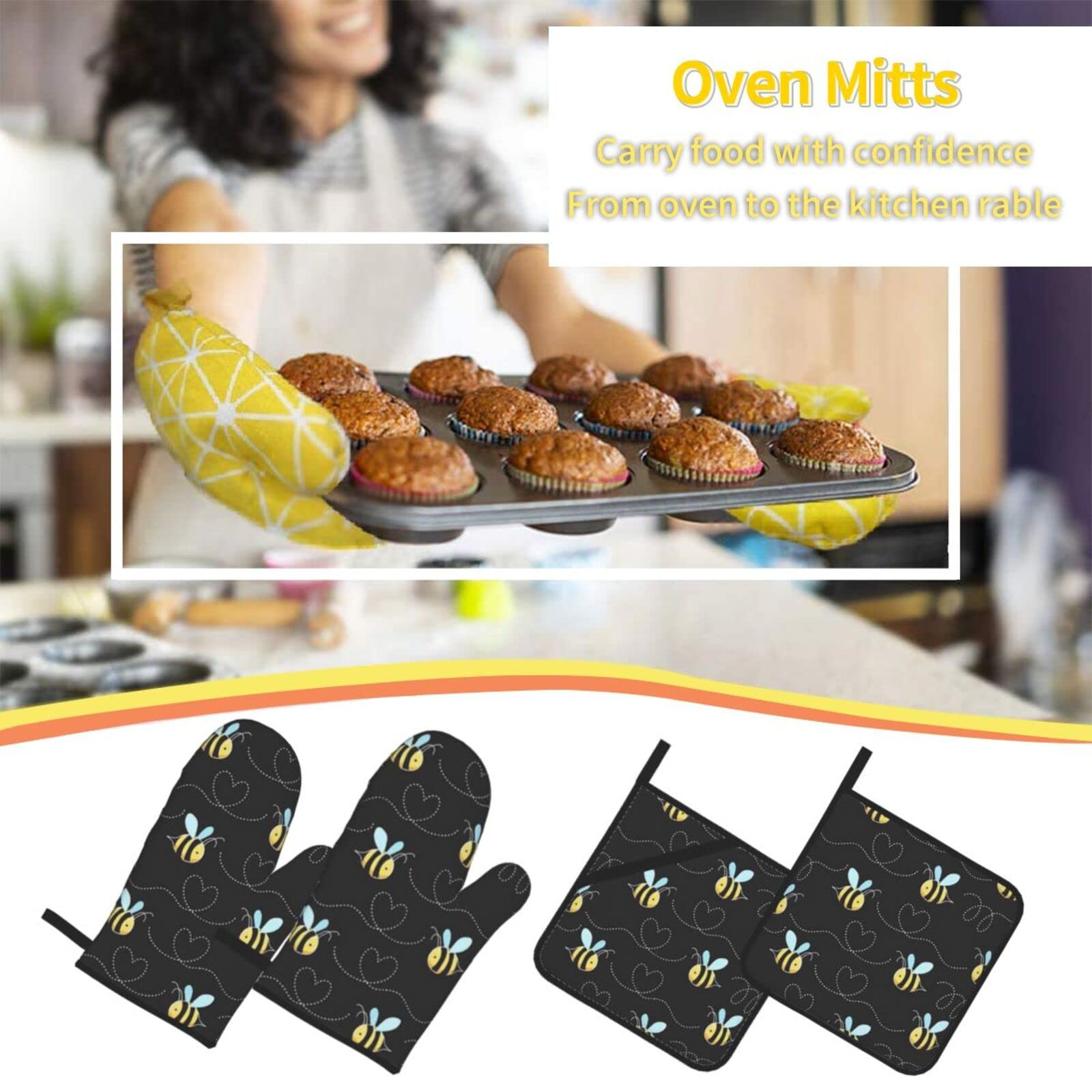 4Pcs Oven Mitts and Pot Holders Sets,Bumble Bees,Kitchen Oven Glove High Heat Resistant 500 Degree Oven Mitts and Pot Holder,Surface Safe for Baking,Cooking,BBQ