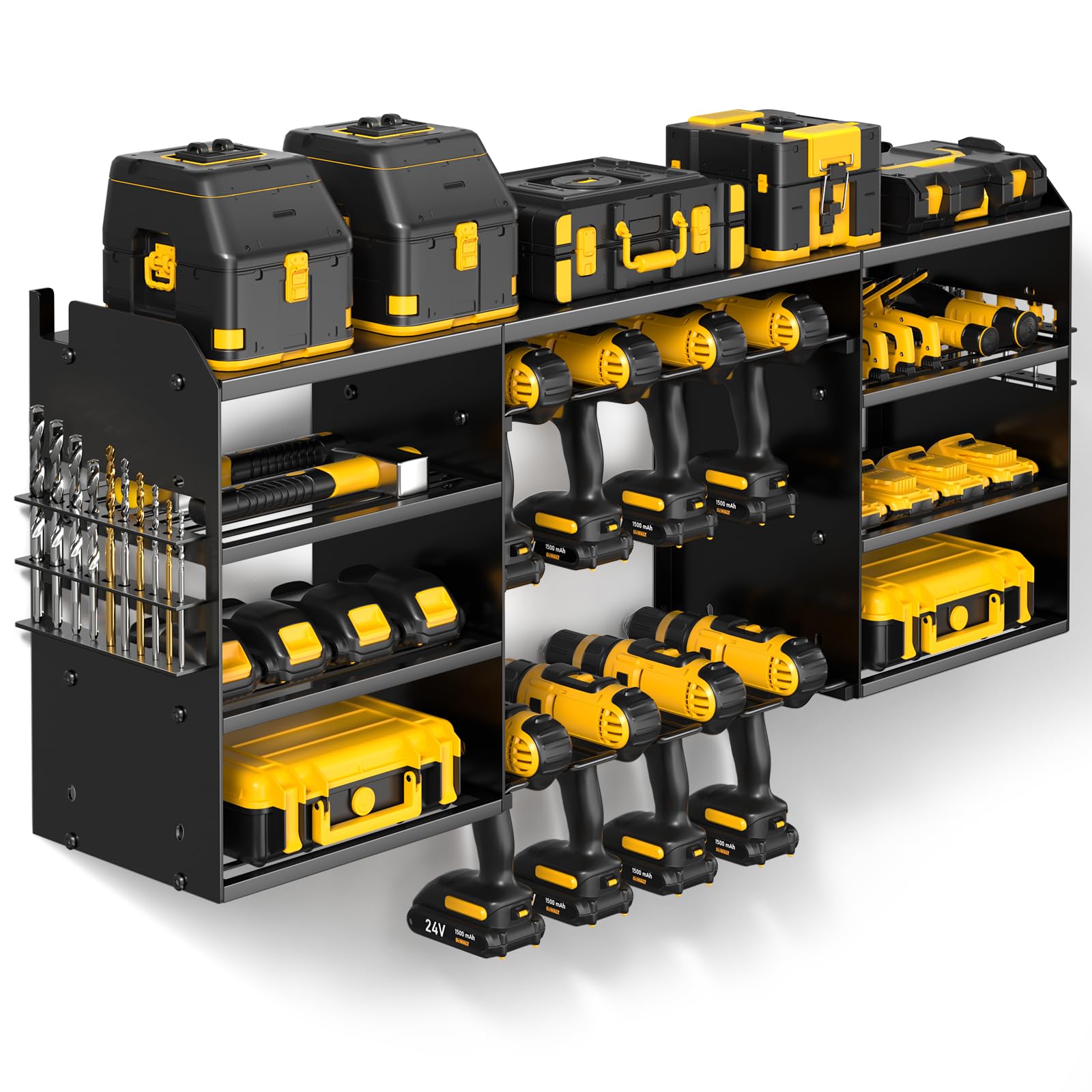 POKIPO Large Power Tool Organizer Wall Mount, 4 Layer Heavy Duty Drill Holder, Metal Cordless Drill Storage for 8 Drills, Black Utility Racks for Garage and Workbench