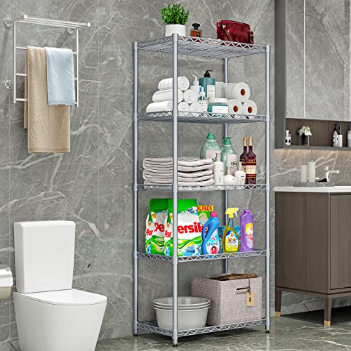 INGIORDAR 5-Shelf Metal Shelving Storage Unit with Adjustable Legs Wire Organizer Rack for Bathroom Kitchen Garage,(Silver,29.5 "L x 13.8" W x 62.2 "H)