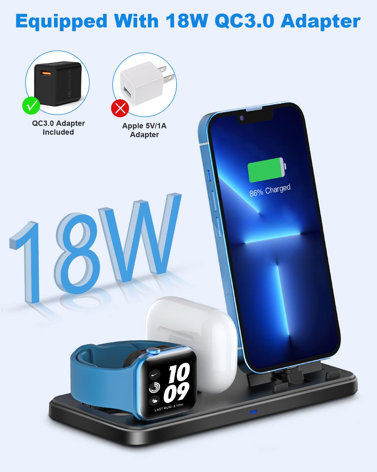 3 in 1 Charging Station for Apple Devices Foldable Charging Stand with 18W Adapter Compatible with iPhone Series AirPods Pro/3/2/1 Charging Dock for iWatch Series SE/7/6/5/4/3/2/1