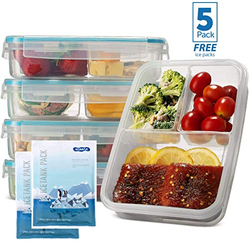 Komax Biokips Set of 5 Lunch Containers β 3 Compartment Food Container for Meal Prep, Portion Control β Microwave & Dishwasher Safe Bento Box Adult Lunch Container w/Locking Lid (37 oz)