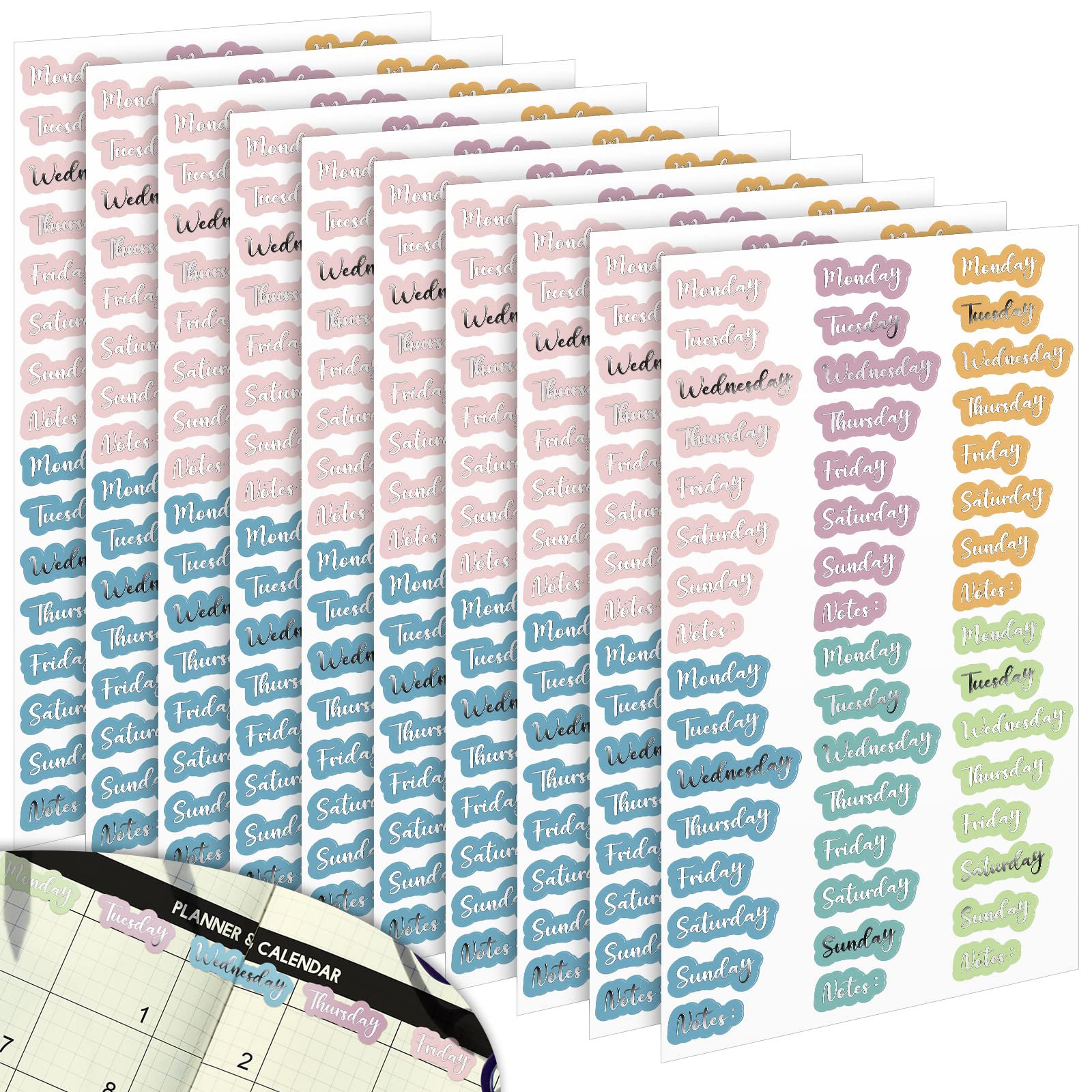 480 Pcs Day of The Week Stickers Silver Foiled Date Covers Decorative Stickers Monday to Sunday Self Adhesive Stickers for Planner Removable Day Labels for Journal School (Shaped,Mixed Size)