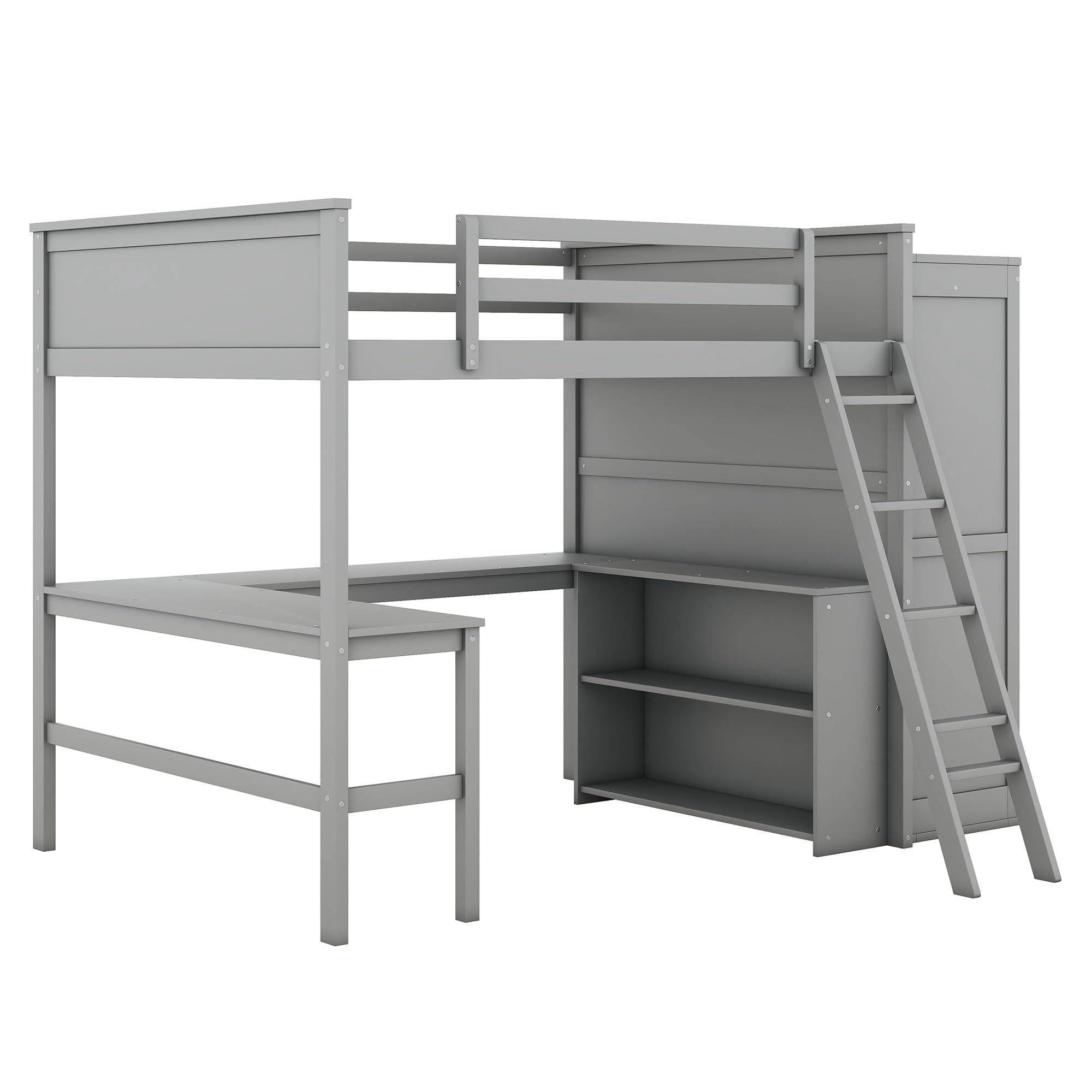 LostCat Full Size Loft Bed with Desk and Wardrobe, Wooden High Loft Beds Frame with Storage Shelves & Closet for Kids,Teens, Adults,No Box Spring Needed, Noise Free for Dorm Bedroom, Grey
