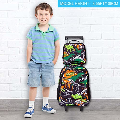 3PCS Rolling Backpack for Boys,Kids Dinosaur Bookbag with Roller Wheels, Suitcase School Bag Set for Toddler Elementary
