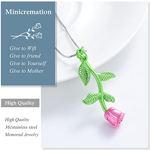 Rose Flower Cremation Jewelry Urn Necklaces for Ashes, Cremation Ash Jewelry Memorial Pendants for Human Pets Ashes(Green-Pink)