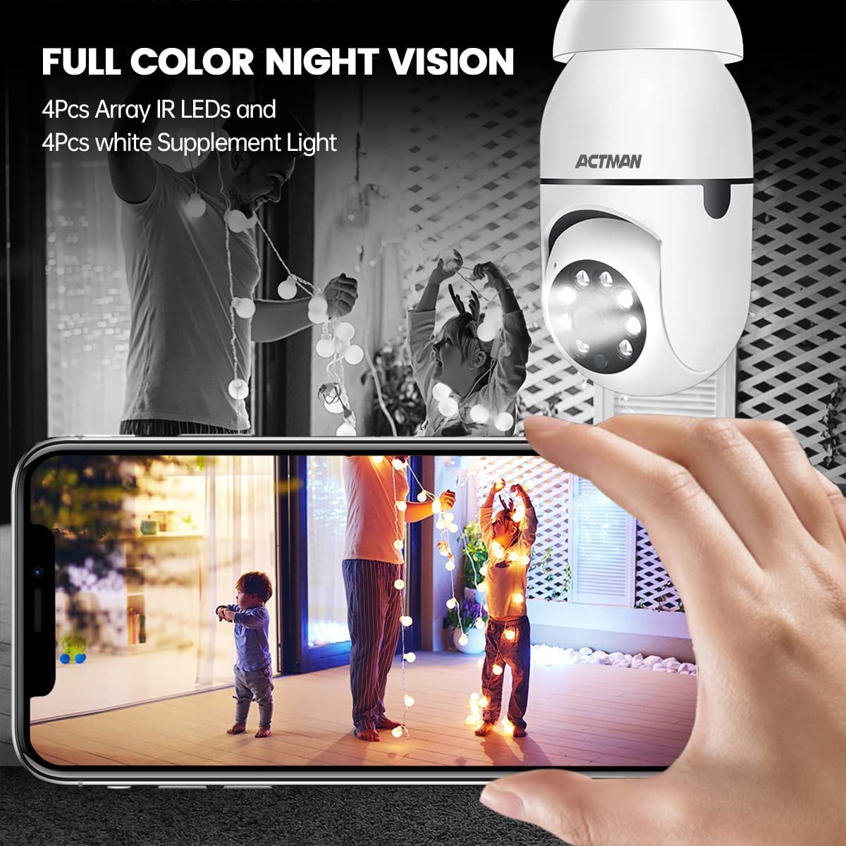 ACTMAN 2PCS 1080p Light Socket Security Camera Outdoor,2.4G WiFi Light B ulb Security Camera,WiFi Camera Outdoor,360 Degree Panoramic Camera,Motion Tracking, Color Night Vision Two-Way Dialogue.