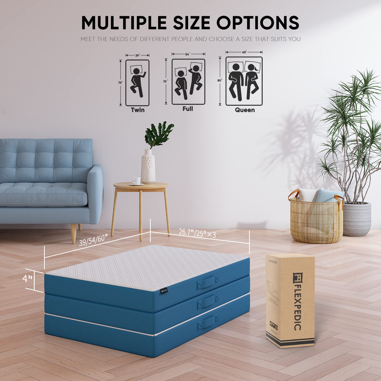 FlexPedic Tri Folding Mattress, Tri-fold Memory Foam Mattress Pressure-Relief, Gel-Infused Foldable Mattress with Washable Cover, Portable Bed Tri Fold Mat RV Bunk Camping, Queen Size 4 Inch