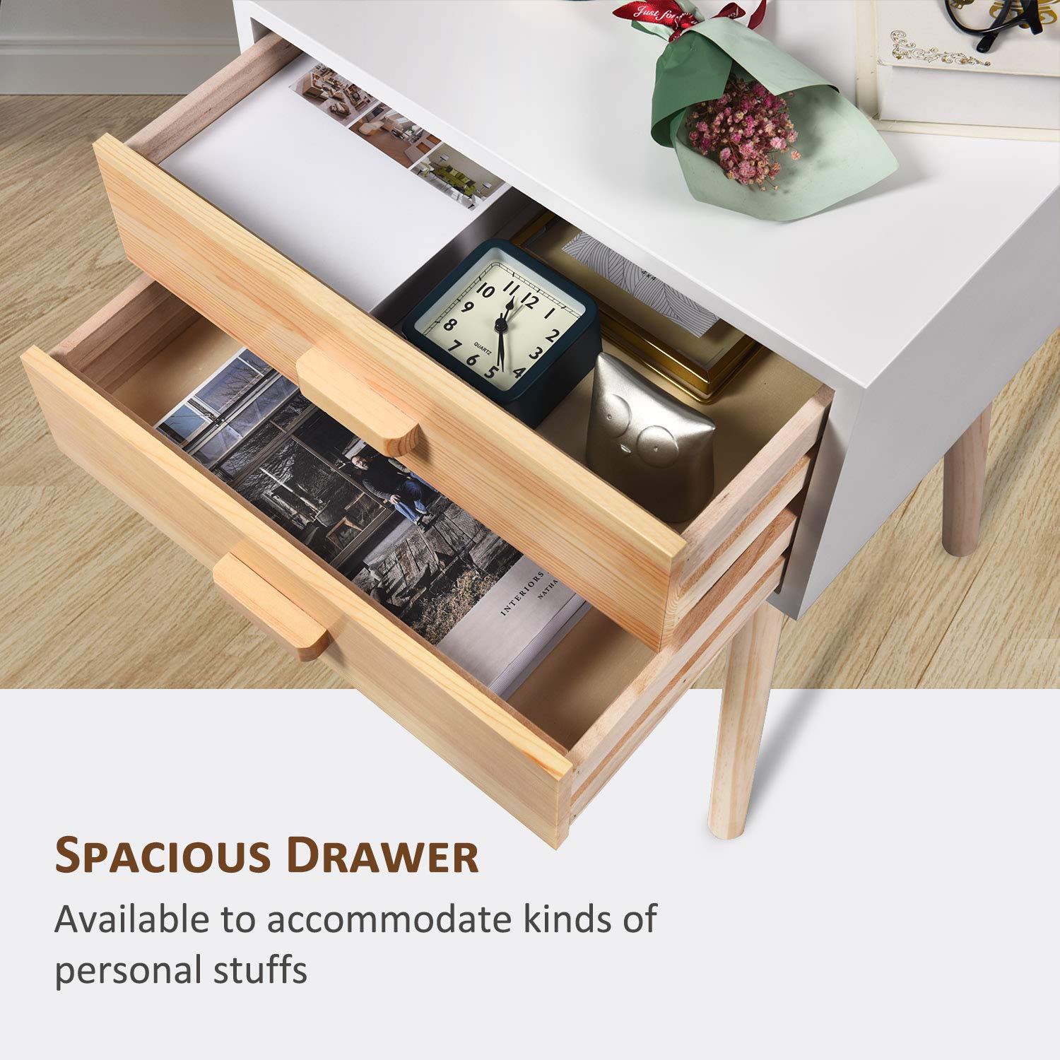4 EVER WINNER Nightstand, End Table, Bedside Table, Side Table with 2 Drawers and Shelf, Night Stand for Bedroom Furniture, Storage Sofa Side Stand Cabinet for Home, Office, Dorm, Wood and White