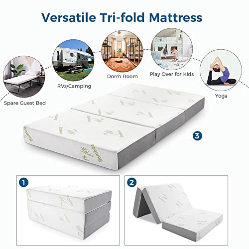 Inofia Folding Mattress, Memory Foam Tri-fold Mattress with Ultra Soft Bamboo Cover, Non-Slip Bottom & Breathable Mesh Sides - Full 6 Inches