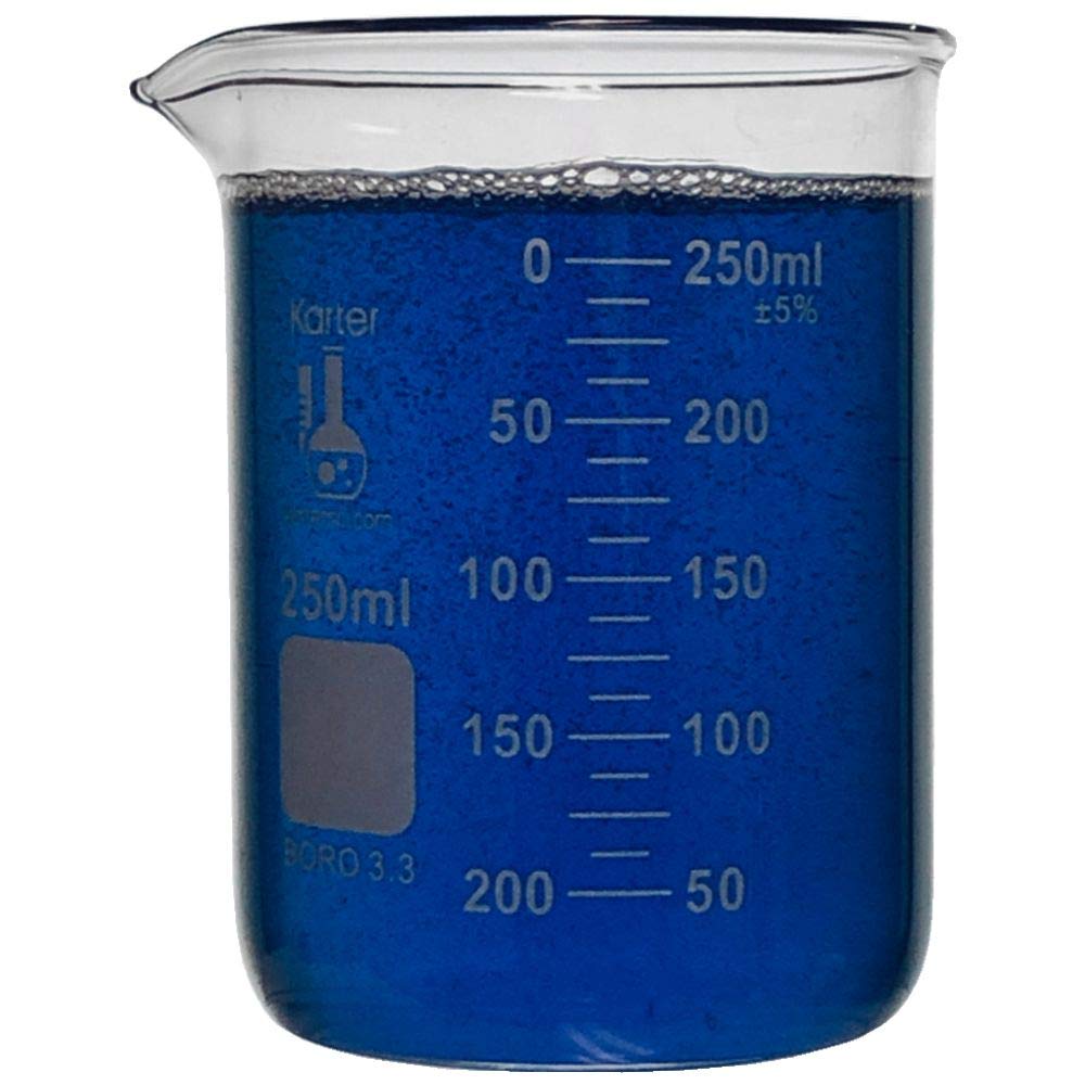 Glass Low Form Beaker Set with 1 inch Magnetic Stir Bar, Borosilicate Glass, 4 Sizes - 20, 50, 100, 250ml, Karter Scientific 233T2