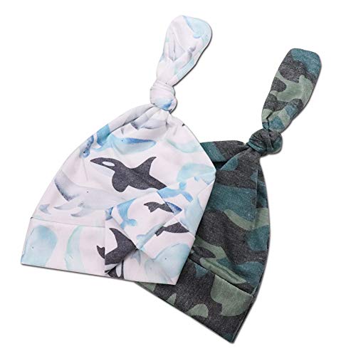 Newborn Swaddle Blankets with Beanie Hat 4 Pack Set for Boys Whale+Camouflage Baby Receiving Blanket