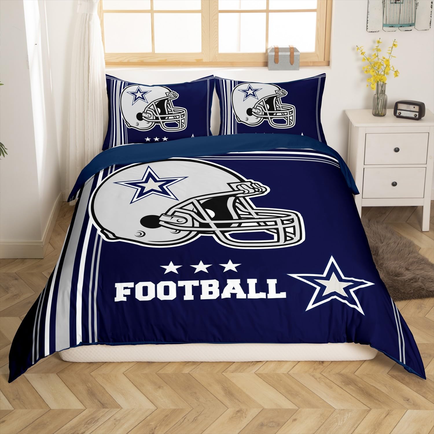 American Football Duvet Cover Set King Size,Western Texas Star Cowboy Football Sports Bedding Set,Boys Men Room Decor,Rugby Helmet Geometric Stripes Comforter Cover,Blue Quilt Cover,2 Pillowcases