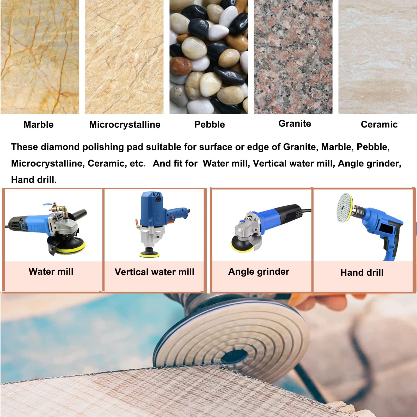 4 Inch Diamond Grinding Pads for Tile, 13pcs Wet/Dry Diamond Sanding Polishing Sheet Granite Stone Polish Kit for Concrete Marble Countertop Quartz 30#~8000# with Backer Pads Thread 5/8"