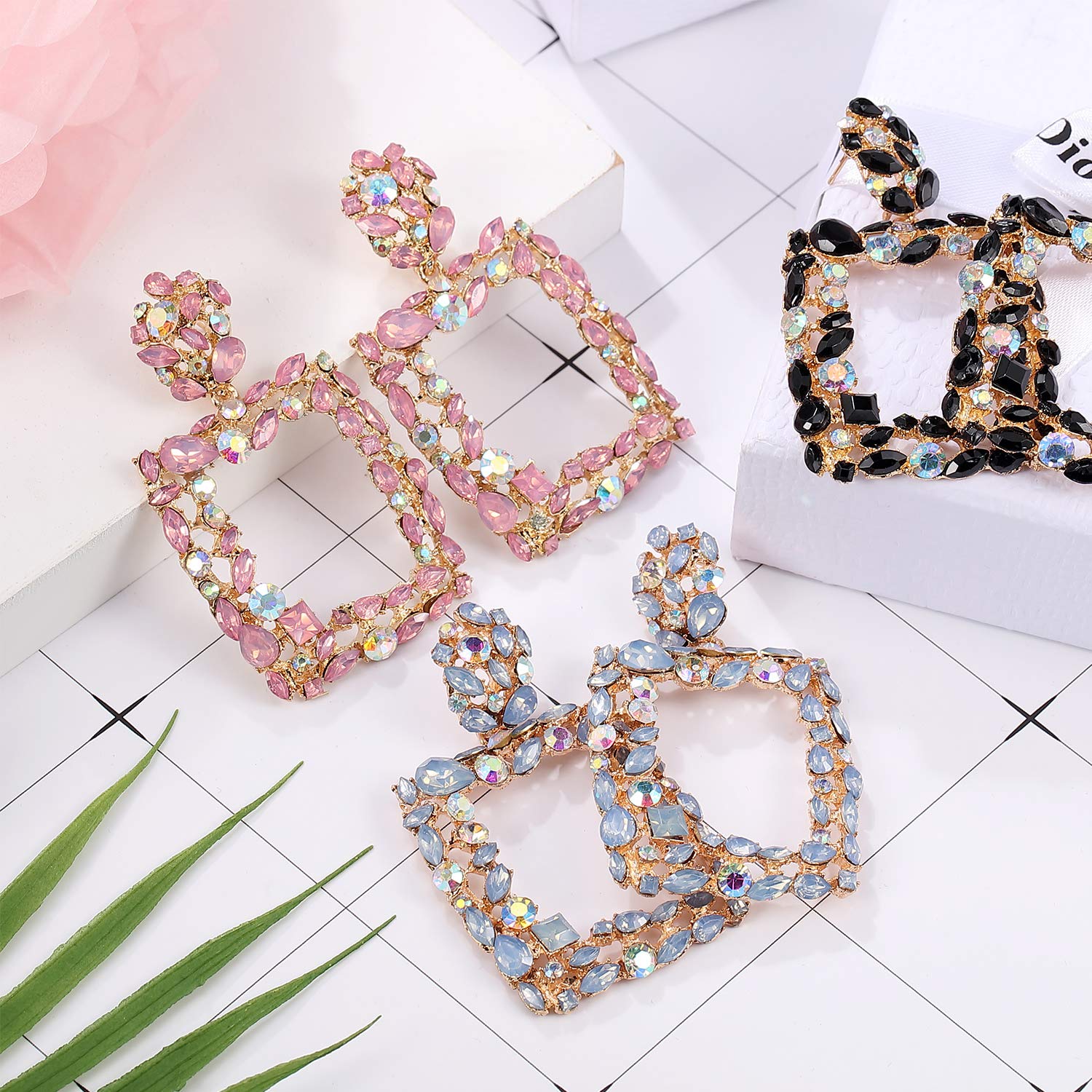 4 Pairs Rhinestone Crystal Dangle Earrings Rectangle Geometric Statement Earrings Rhinestone Drop Earrings Jewelry for Women