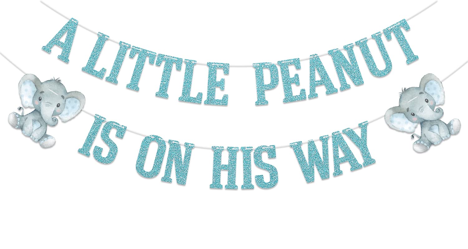 A Little Peanut is on His Way Banner, Baby Boy Elephant Baby Shower Decorations, Welcome Baby Boy Banner, Jungle Baby Shower Party Supply Blue Glitter