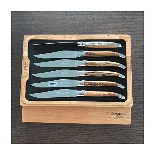 Laguiole en Aubrac Luxury Fully Forged Full Tang Stainless Steel Steak Knives 6-Piece Set with Aubrac Wood Handle, Stainless Steel Shiny Bolsters