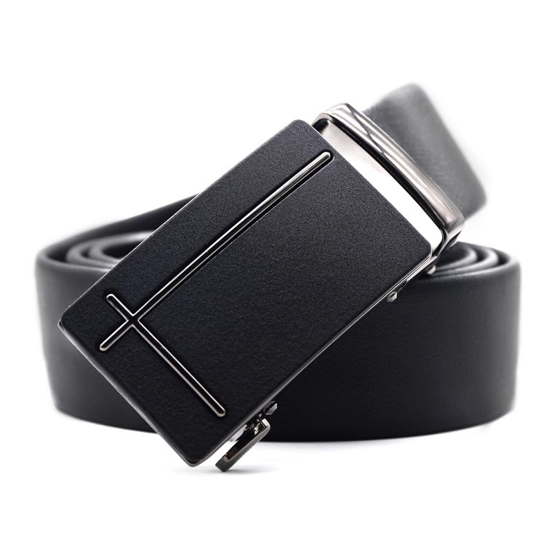 5MLGgoods Belt Men, Black Ratchet Leather Belt For Men, 11/8" Genuine Leather, With Easier Slide Buckle (Cross, Black, L:125cm)