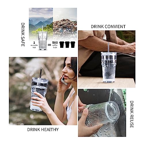 BLUEPOLAR 20oz/600ml Glass Cups With Lids and Glass Straws ,Thick Wall Iced Coffee Cup Glass Cup for Water, Iced Tea Fruit Juice Etc(Clear,2 Pack)