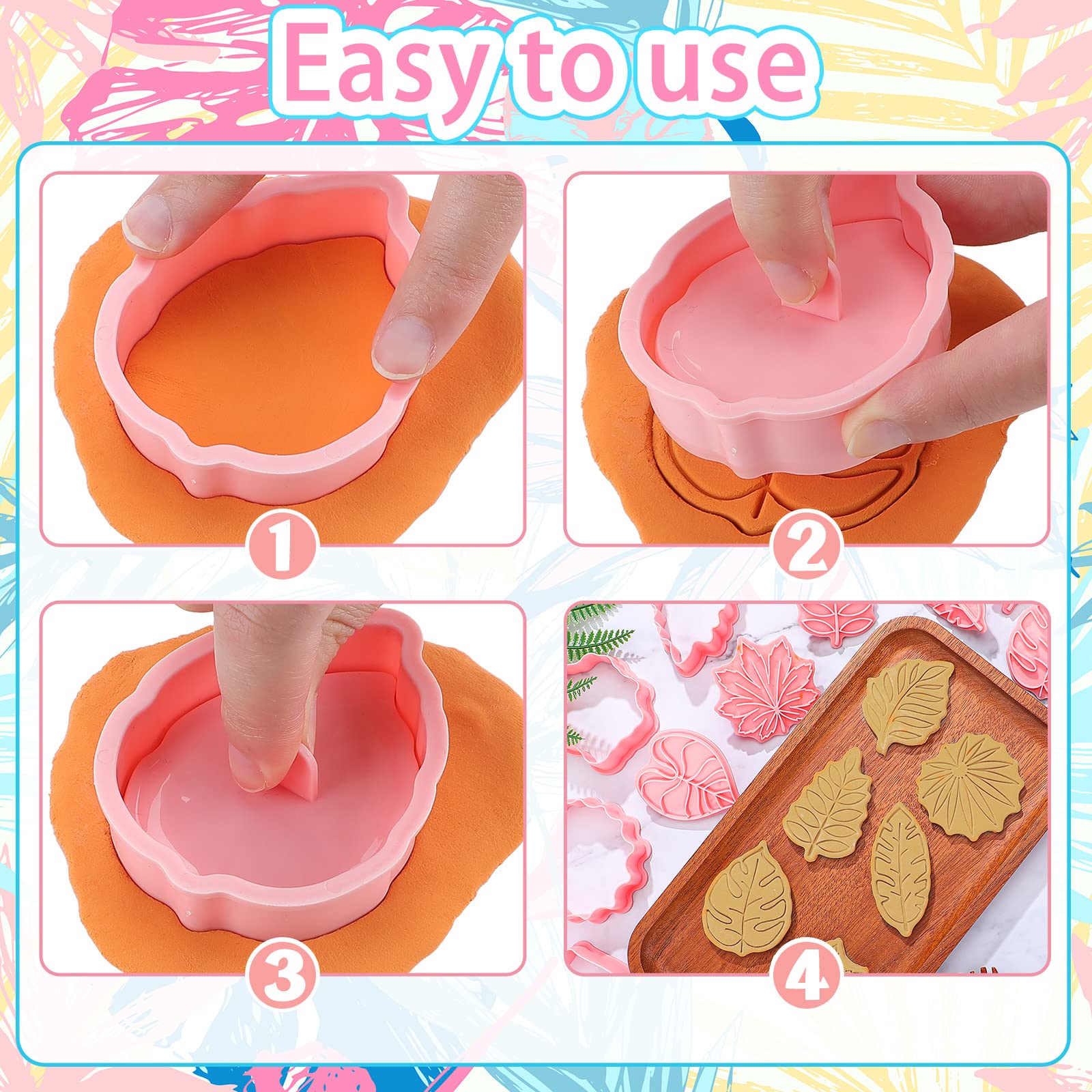 8 Pcs Tropical Leaf Cookie Cutters with Plunger Stamps Set 3D Palm Leaves Fondant Cutters Mold Hawaiian Polymer Clay Cutters DIY Decorative Baking Tools for Baking Cake Sugarcraft Candy Gum Paste