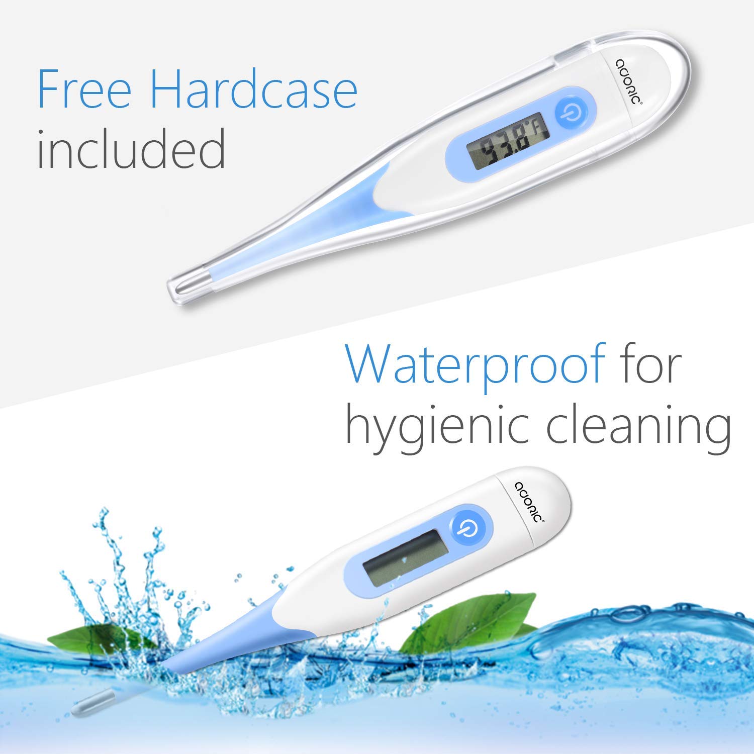 ADORIC Digital Waterproof Medical Thermometer with Fever Warning, Bright Blue