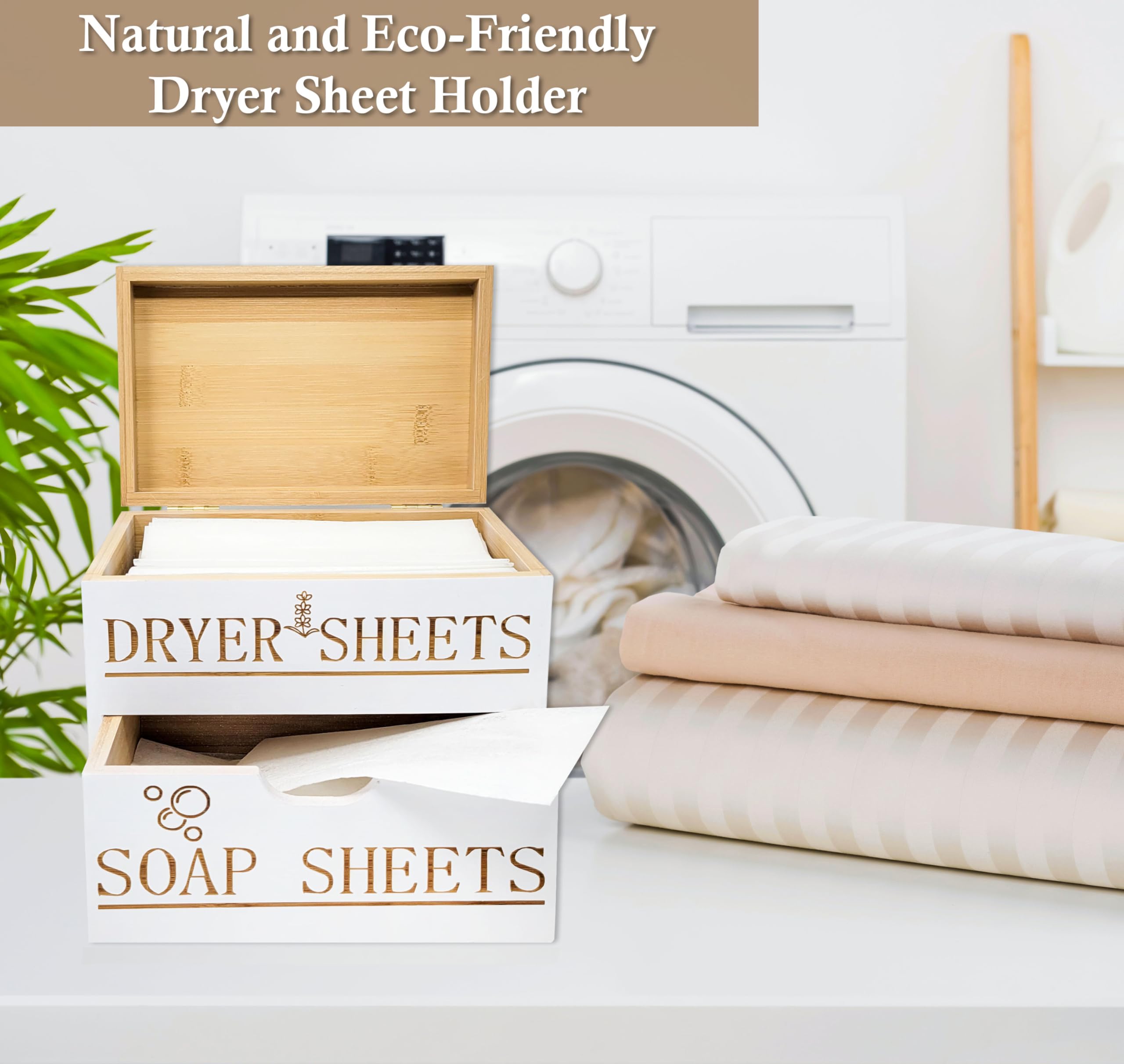 ALLNEY HOME Wood Box Dryer Sheet Holder and Detergent Dispenser drawer, Natural Wood and Sustainable Storage Box, Rustic White Farmhouse Finish, Large Capacity Laundry Room Organizer