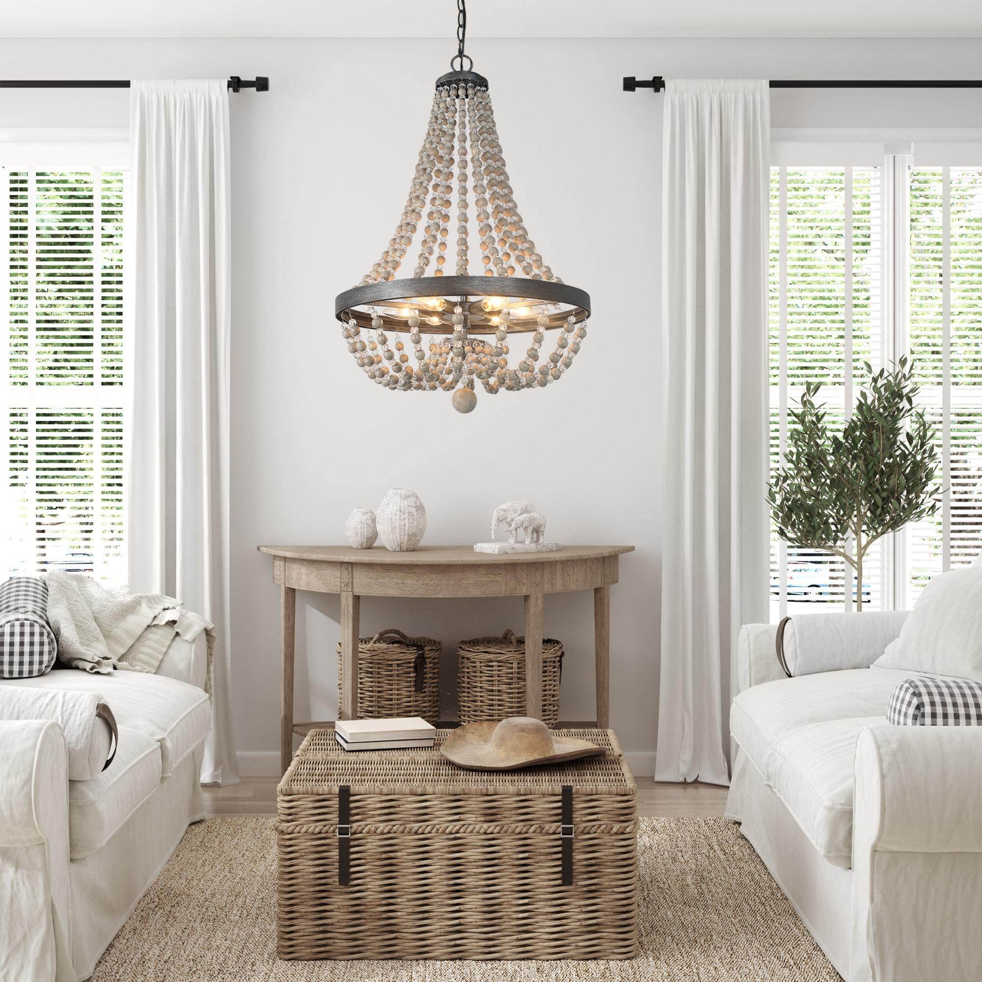 LALUZ Farmhouse Chandelier, Boho Light Fixture for Dining Room, Bedroom, Handmade Wood Beads, 6-Light, 28.3" H x 20.1" W
