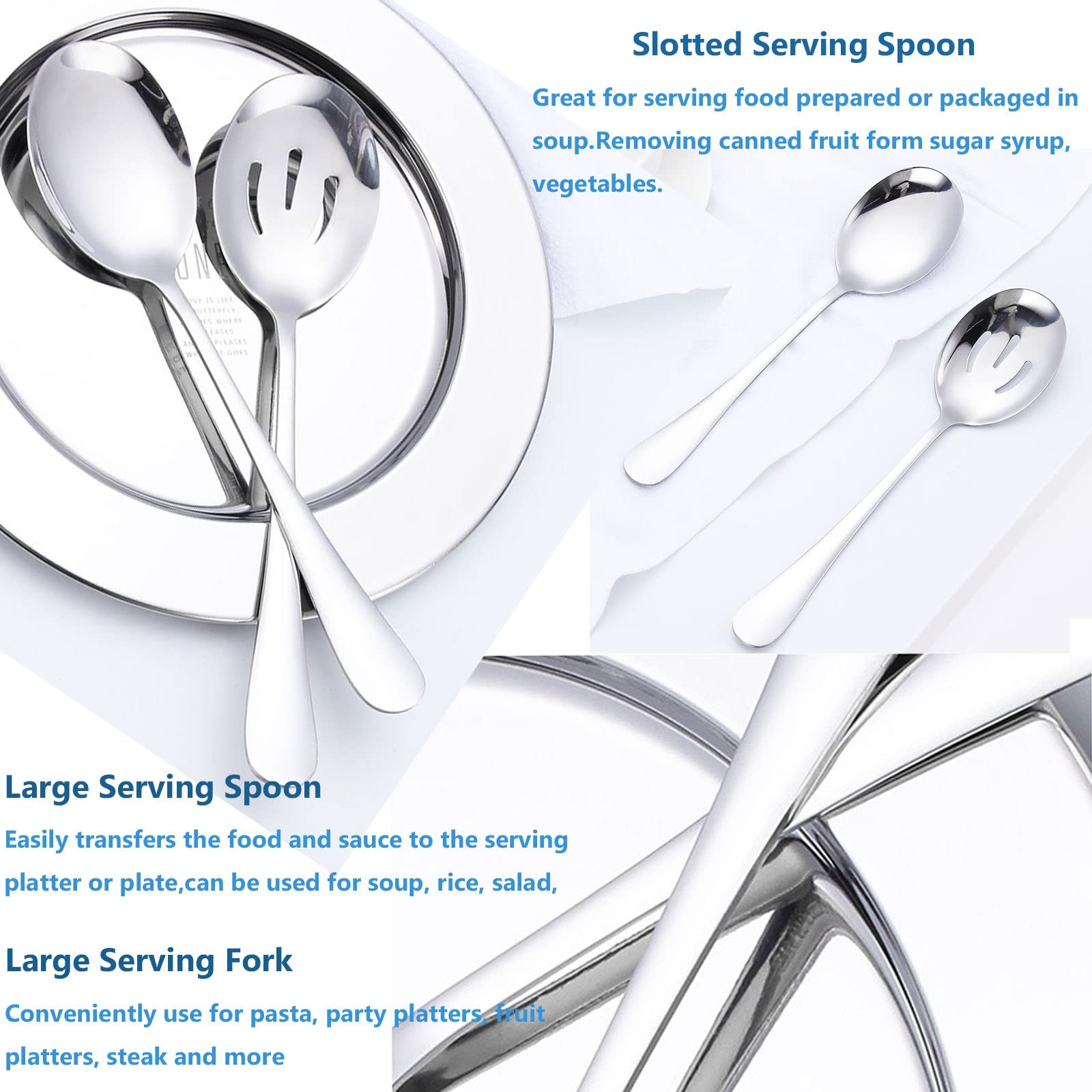 6 Pcs Serving Utensils,Stainless Steel Serving spoons and slotted spoons 8.5 Inch Serving Forks 8.8Inch Large Serving spoons set for Kitchen,Party supply (Silver)