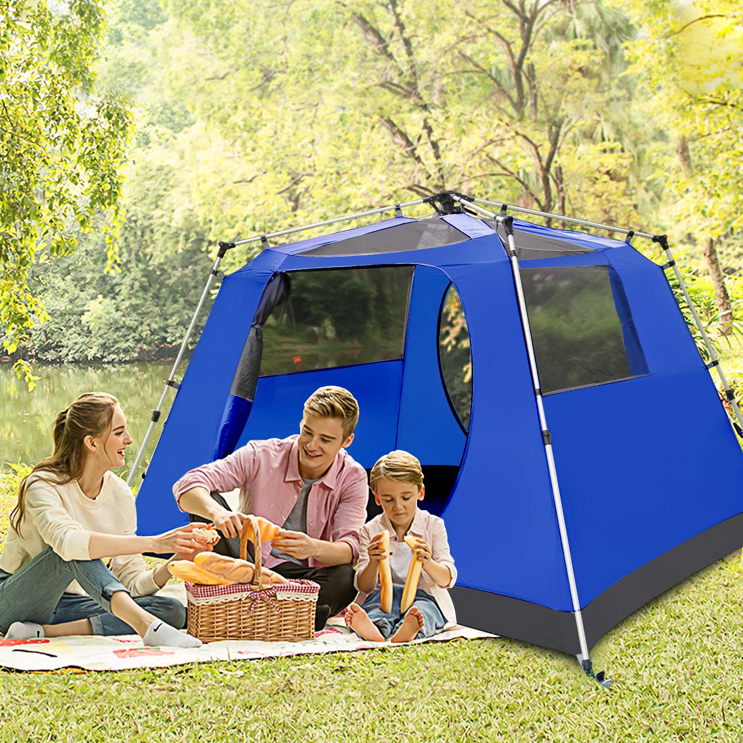 4 or 6 Person Camping Tent Windproof Family Dome Tent with Screen Room Easy Set Up for Backpacking Hiking Mountaineering (4P-Blue)