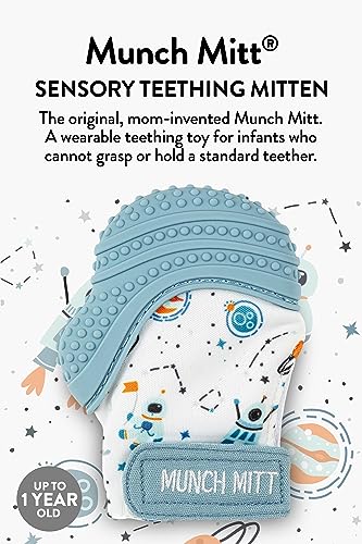 Malarkey Kids Patented Teething Mitten, Munch Mitt Baby Chew Toy - Protects Hands from Chewing & Saliva, Heals Aching Gums, Promotes Sound & Visual Stimulation for Babies - Outer Space